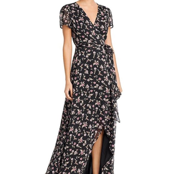 Wayf | Dresses | Wayf Black Zoey Floral Wrap Maxi Dress Side Tie S ...